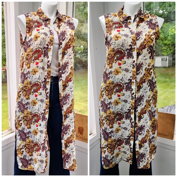 YMI | Tops | Ymi Tan Paisley Print Button Front Sleeveless Long Tunic ...